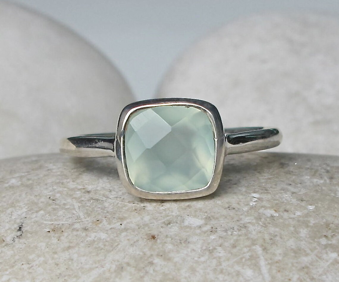 Square Light Green Stackable Ring- Aqua Gemstone Cushion Ring- Pale ...