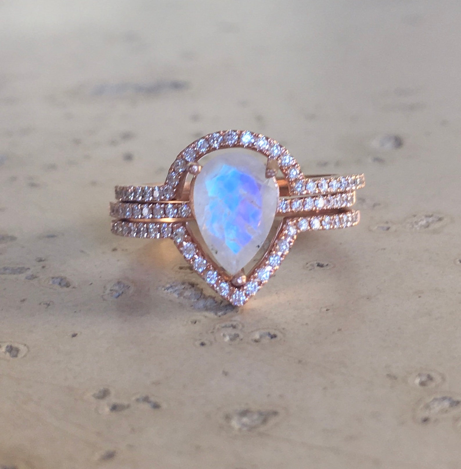 Moonstone Diamond Engagement Ring Set Rose Gold Moonstone | Etsy