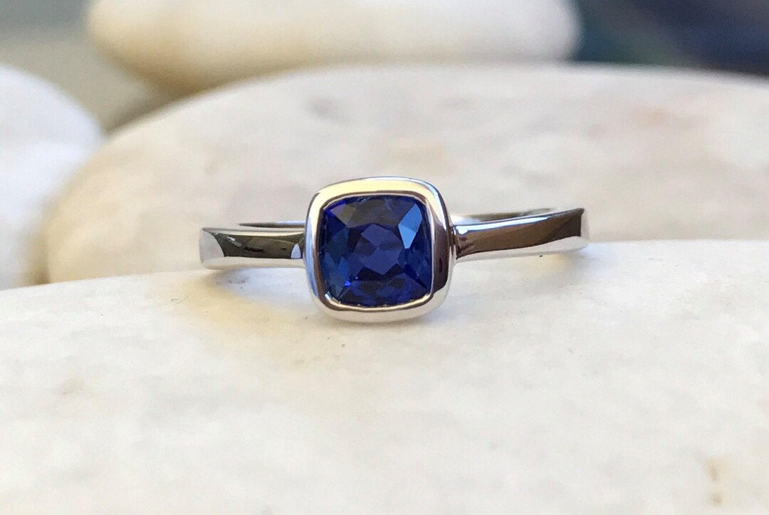 Tiny Square Blue Sapphire Ring- Stackable September Birthstone Ring ...