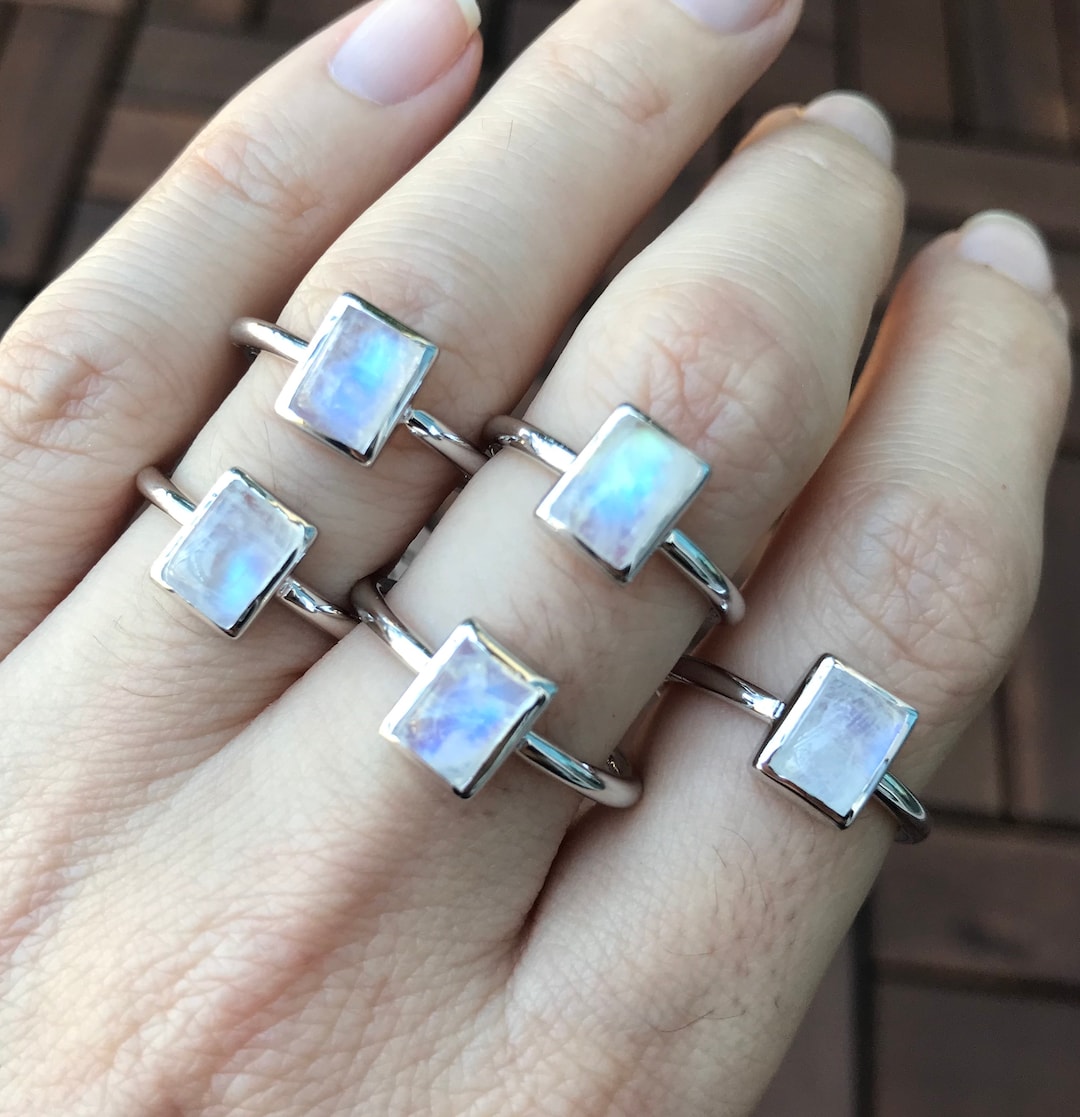 Rectangle Rainbow Moonstone Stack Ring- Small Moonstone Silver Ring ...