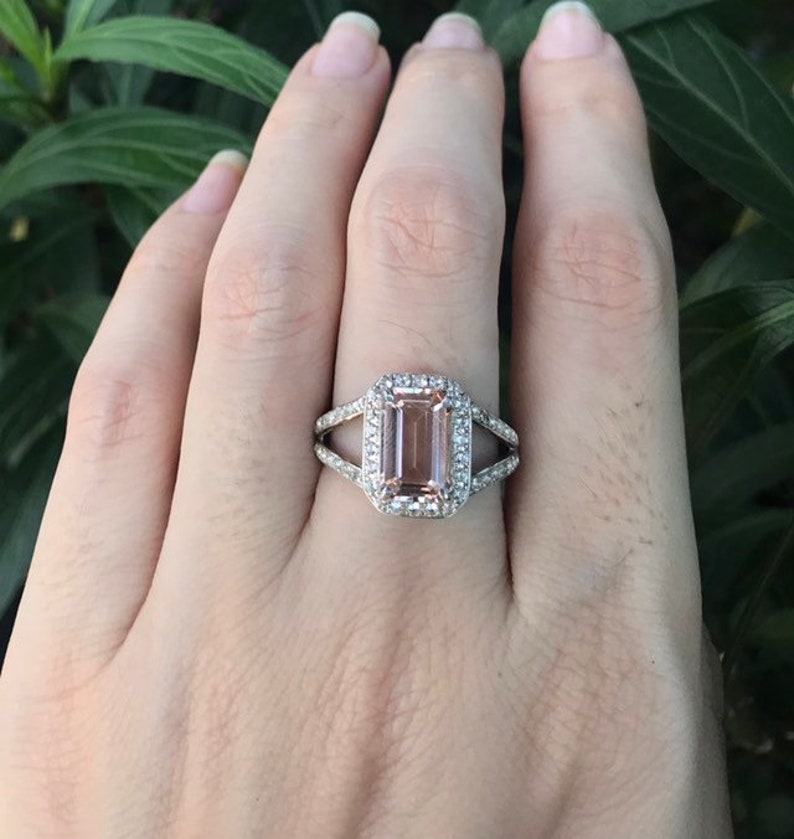Morganite Genuine Rectangle Halo Engagement Ring Morganite - Etsy