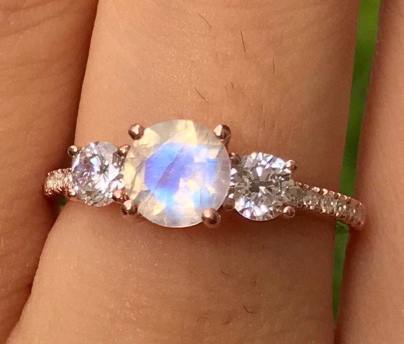 Moonstone Promise Vintage Ring For Her- Round Moonstone Three Stone ...