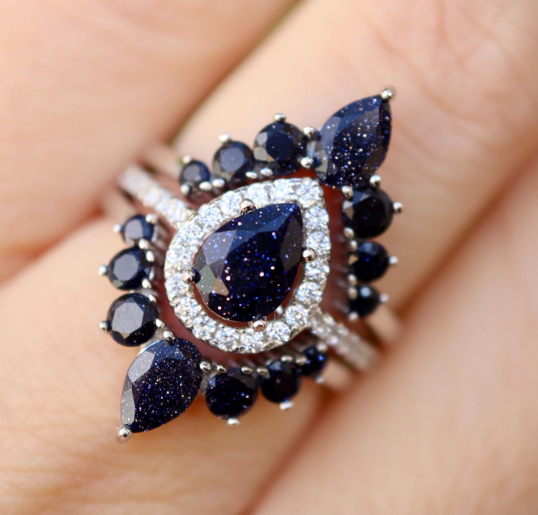 Pear Blue Sandstone Galaxy Nebula Halo Bridal Sterling Silver 3 Rings ...