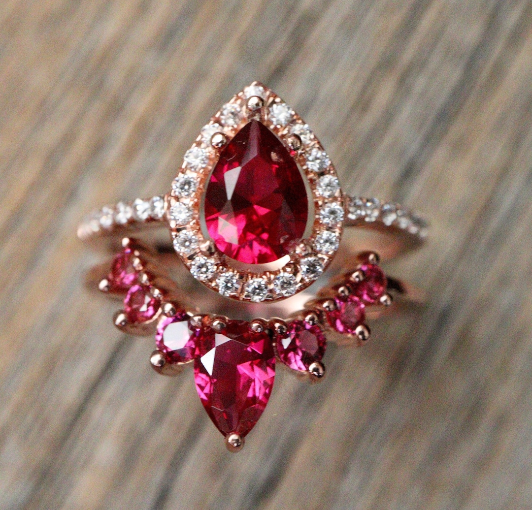 Teardrop Red Ruby 14k Gold Bridal Rings 14k White Gold Pear Red Halo ...