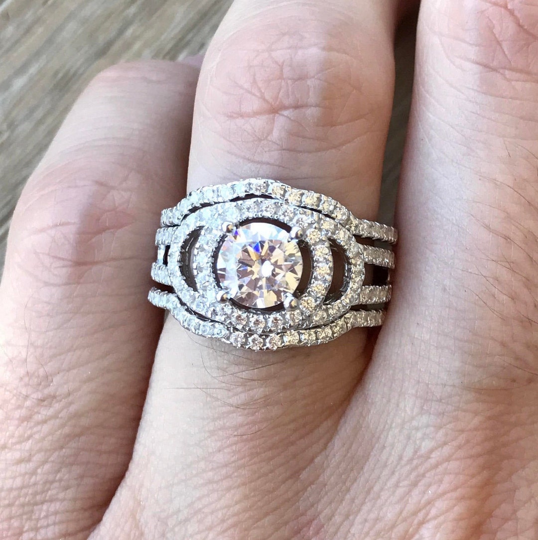 1ct Deco Engagement Ring Set-colorless Halo Round Bridal Ring Set-clear ...