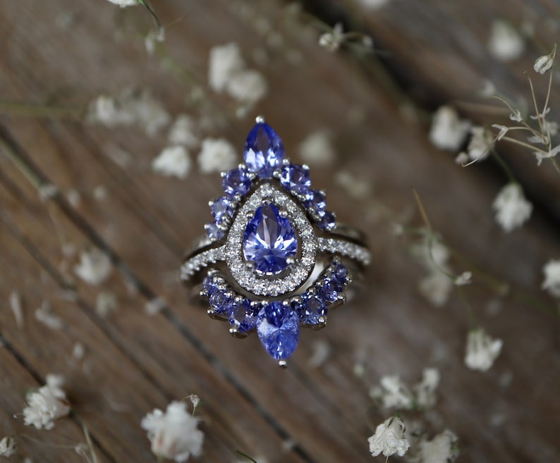 Teardrop Blue Purple Tanzanite Bridal Sterling Silver 3 Ring Set - Etsy ...