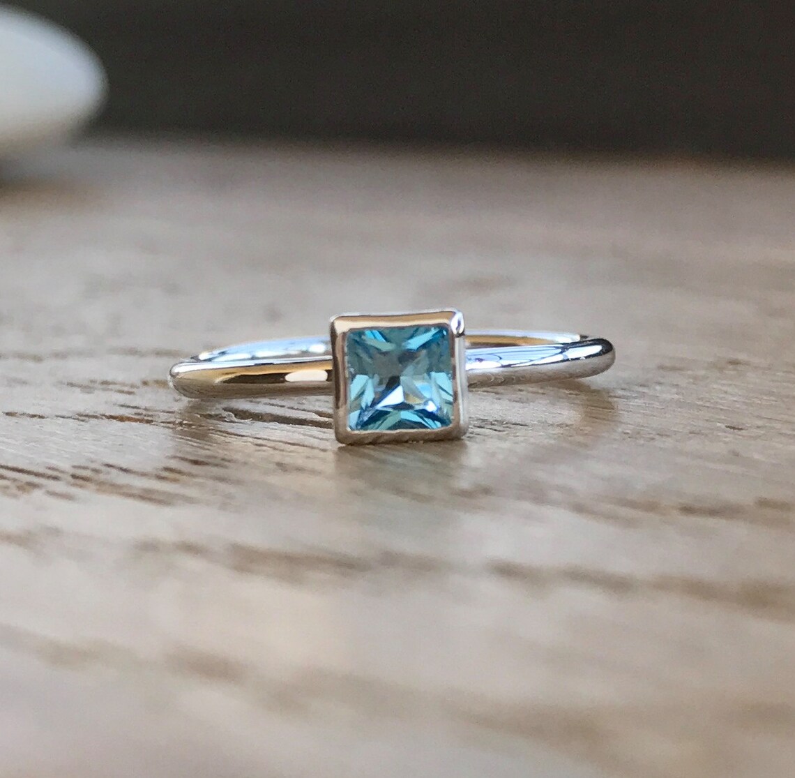 Genuine Swiss Blue Topaz Dainty Square Ring Princess Cut - Etsy