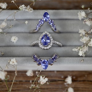 Teardrop Tanzanite Bridal 3 Ring Set- Pear Blue Purple 14k Solid Real Gold Anniversary Rings ...