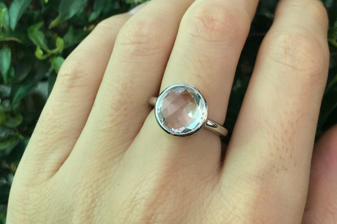 Round White Quartz Silver Ring- White Topaz Stack Facet Ring- Clear ...