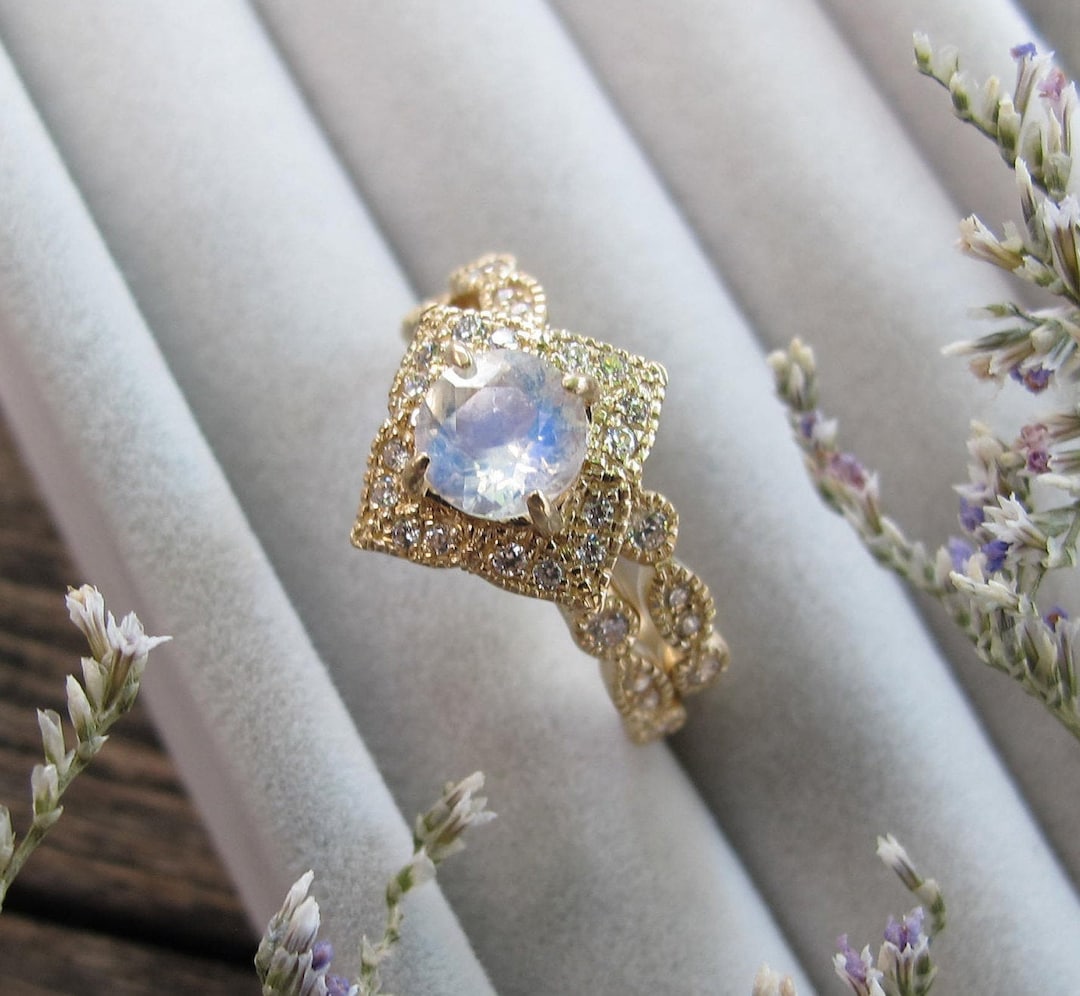Moonstone Bridal Ring Set- Rainbow Moonstone Engagement Ring- Halo ...