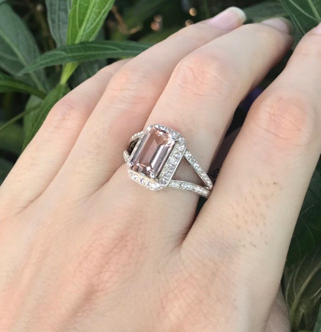 Morganite Genuine Rectangle Halo Engagement Ring- Morganite Emerald Cut ...