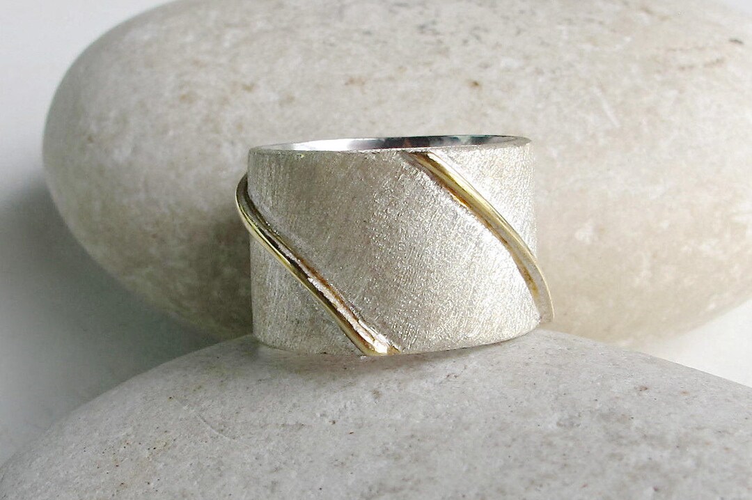 Silver Wide Brutalist Unisex Rustic Band- Minimalist Brushed Cigar Band ...