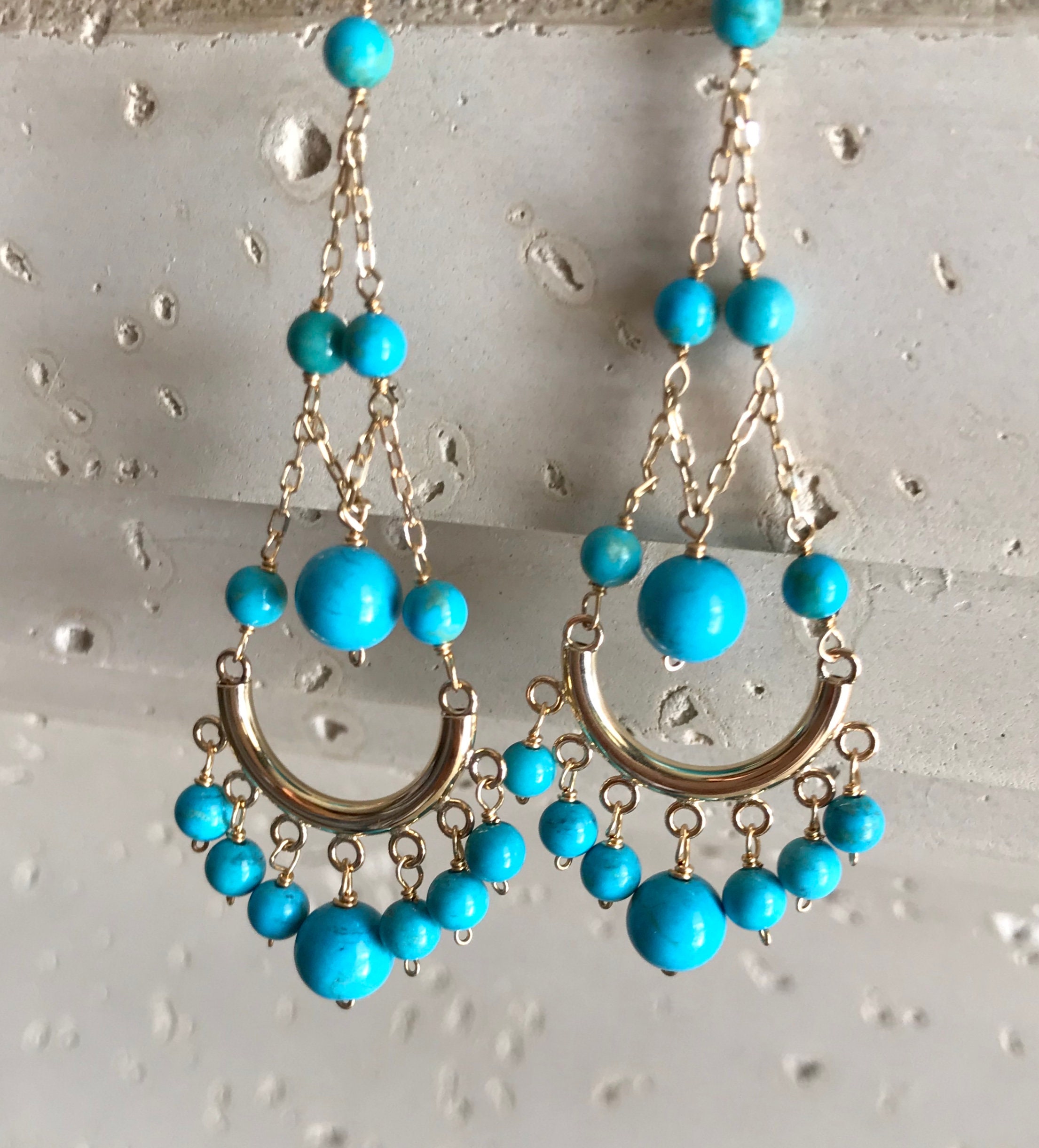 Turquoise Dangle Bead Long Earrings 14k Gold Gemstone Chandelier Turquoise Dangle Bead Long Earrings 14k Gold Gemstone Chandelier