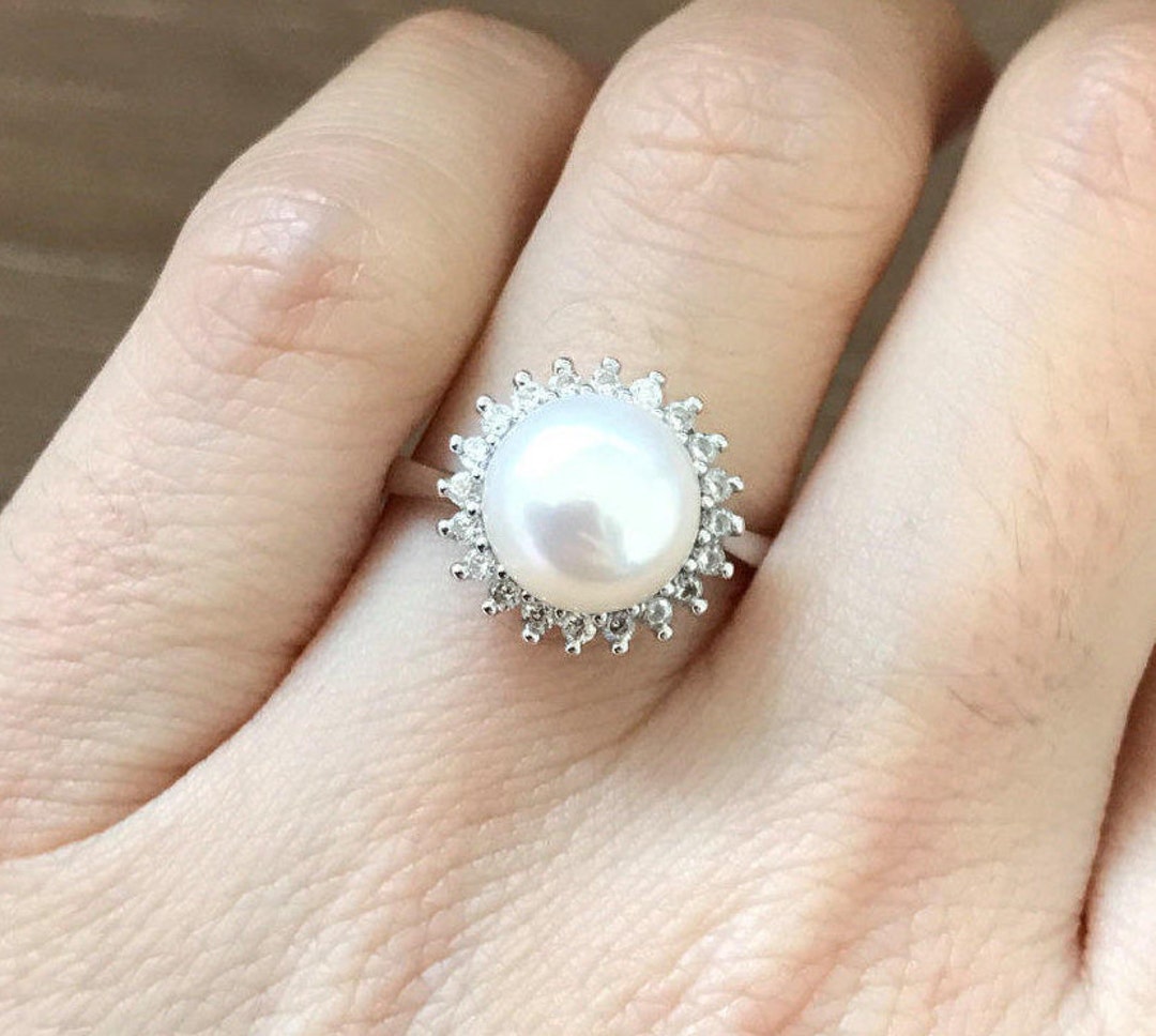Genuine Pearl Engagement Ring- Natural Real Pearl Ring- Freshwater ...