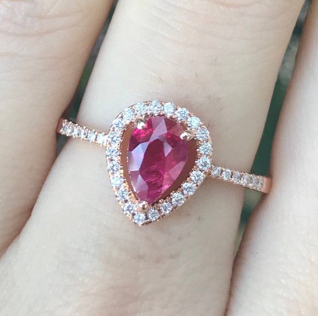 0.88ct Genuine Ruby Engagement Ring- Rose Gold Natural Ruby Ring- Pear ...