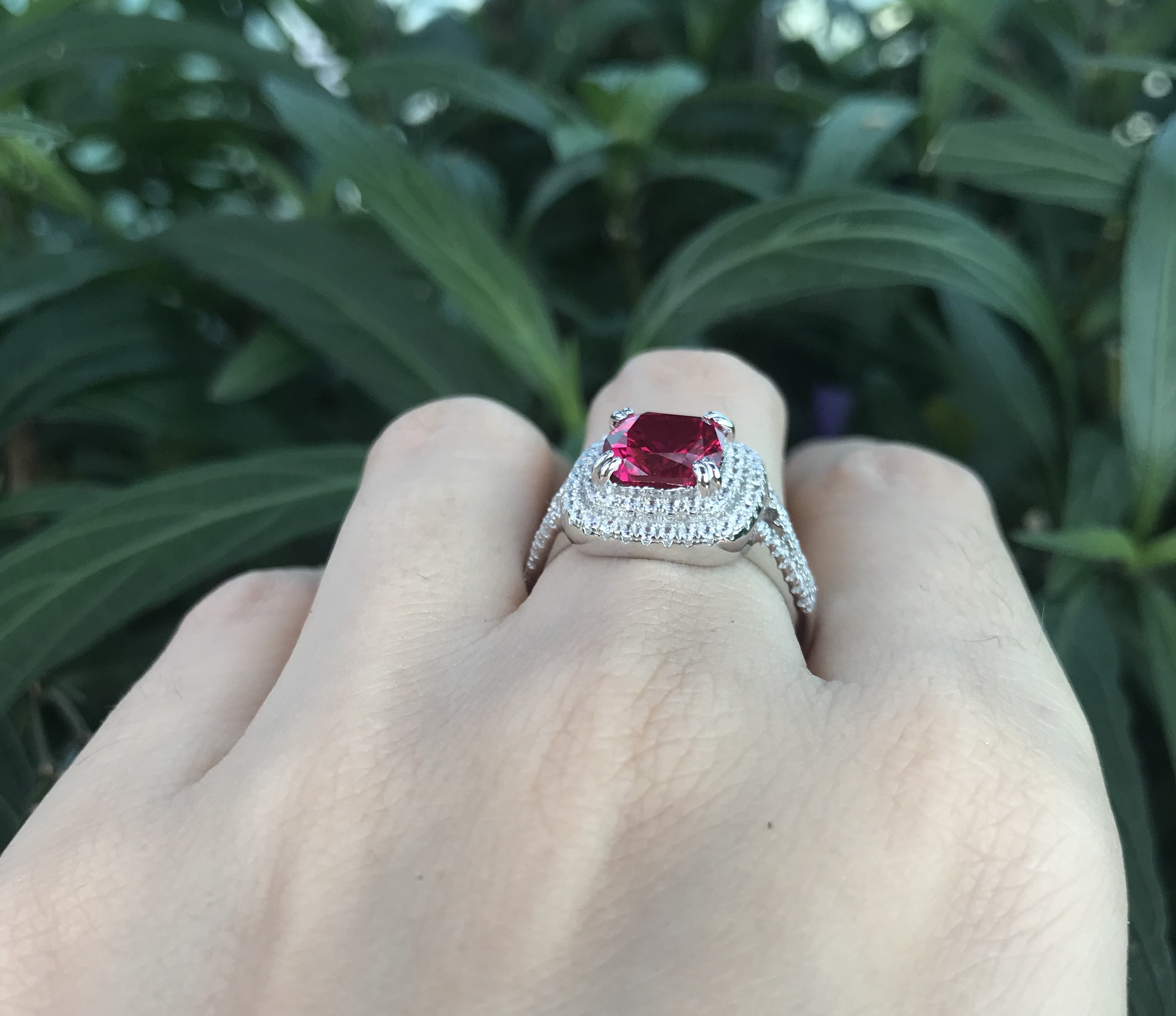 1 60ct Ruby Cushion Halo Engagement Ring Square Ruby Split Double Ring 