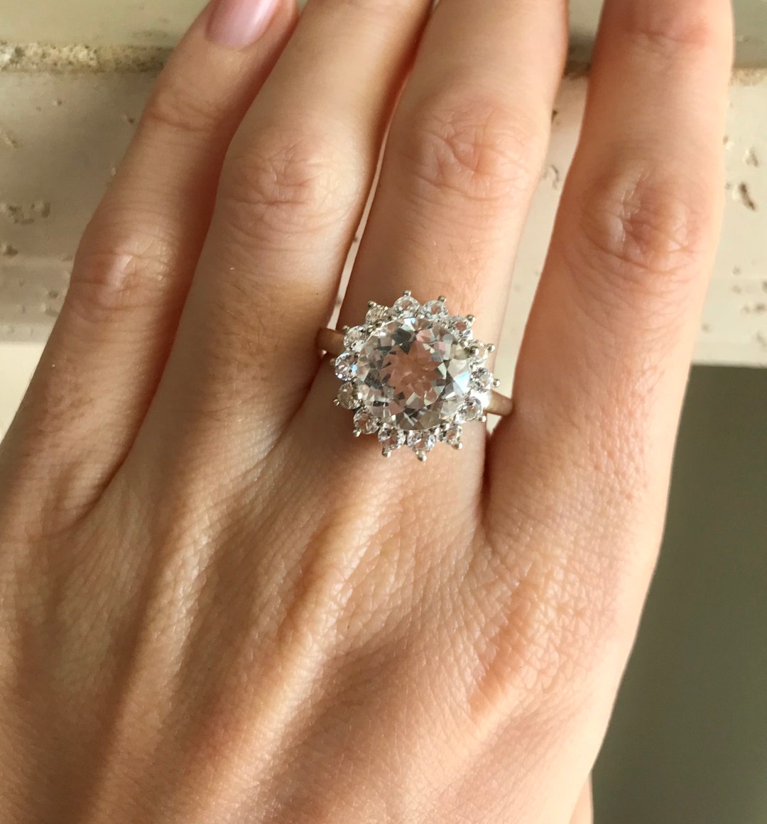 4ct Genuine White Topaz Round Engagement Ring- Halo Colorless Large ...