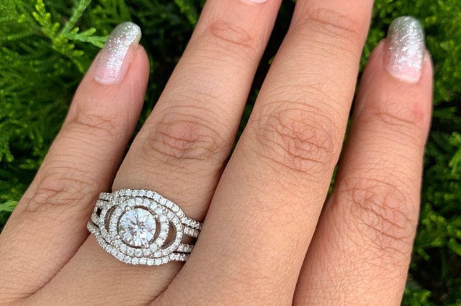 1ct Deco Engagement Ring Set-Colorless Halo Round Bridal Ring | Etsy