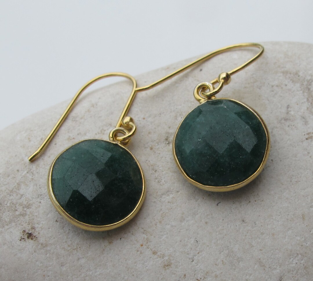 Raw Green Emerald Dangle Earring- Round Emerald Simple Drop Earring ...