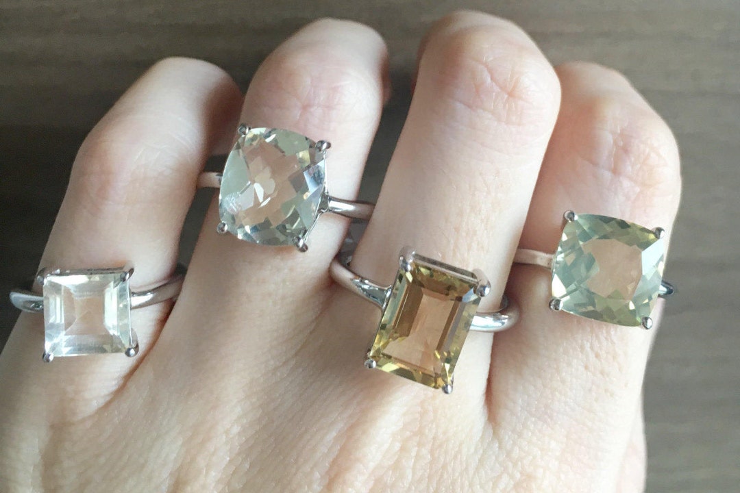 Square Rectangle Gemstone Rings- Sterling Silver Stacking Ring- Faceted ...