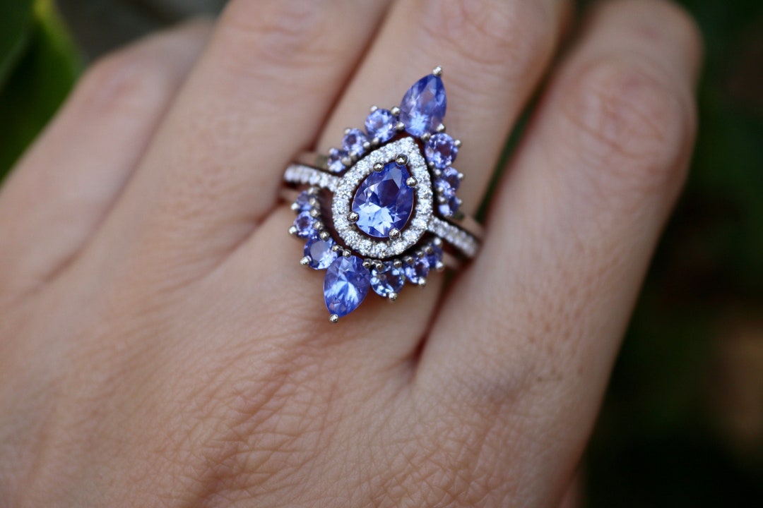 Teardrop Tanzanite Bridal 3 Ring Set- Pear Blue Purple 14k Solid Real ...