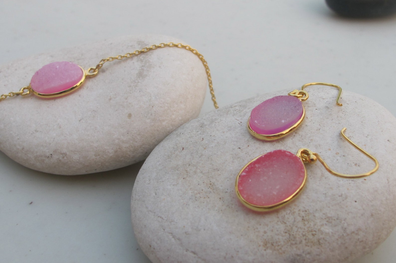 Pink Druzy Earring Necklace Druzy Jewelry Set Oval Druzy - Etsy