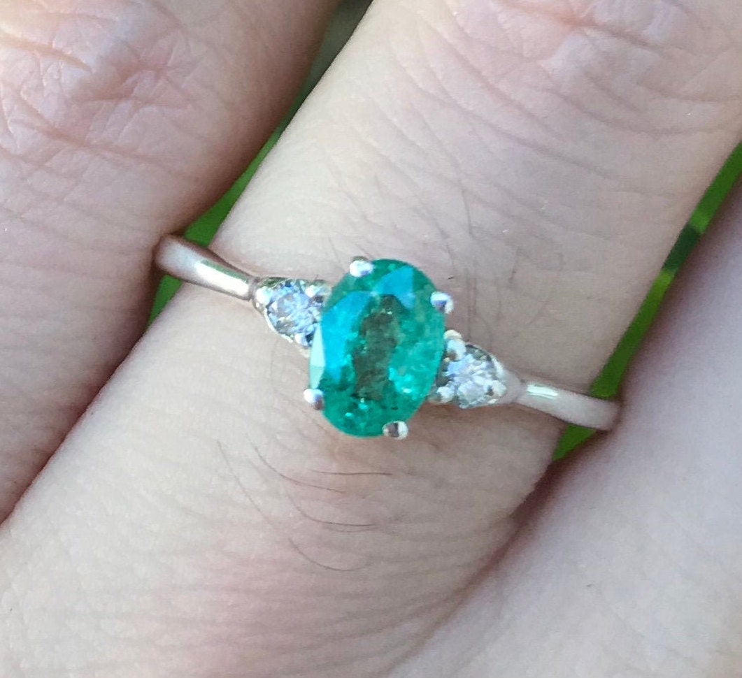 Oval Emerald Engagement Ring- Three Stone Emerald Diamond Promise Ring ... Oval Emerald Engagement Ring- Three Stone Emerald Diamond Promise Ring ...