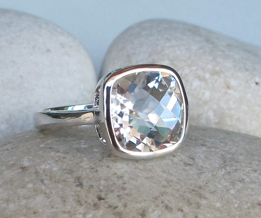 Genuine White Topaz Engagement Ring- Cushion White Promise Ring- April ...