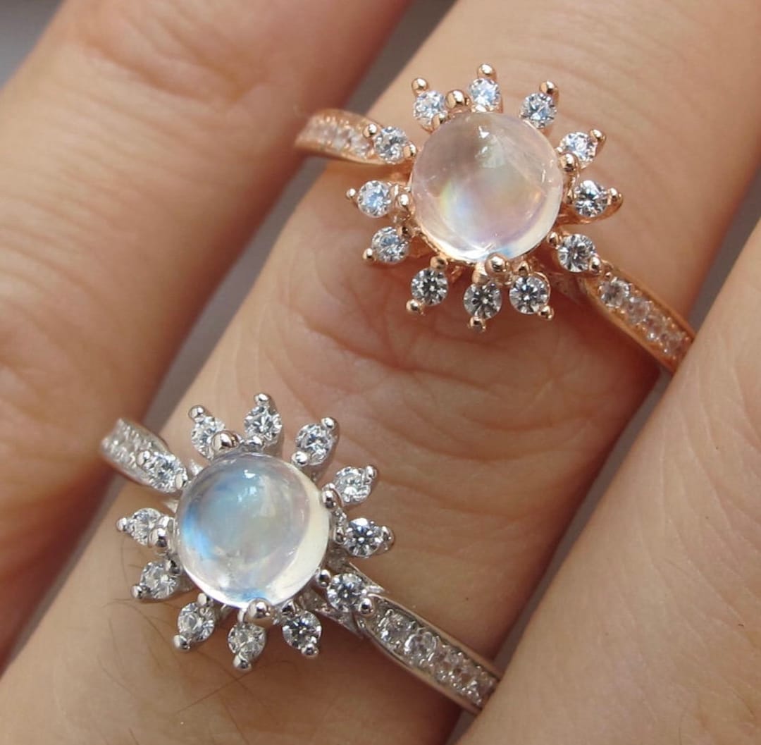 Floral Moonstone Halo Promise Dainty Ring for Her- Cabochon Round ...