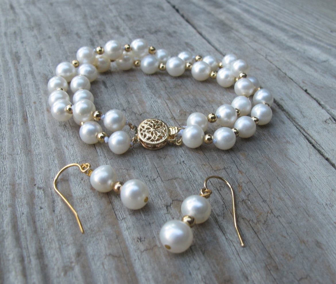 Pearl Jewelry Set Real Genuine Pearl Earring Bracelet - Etsy