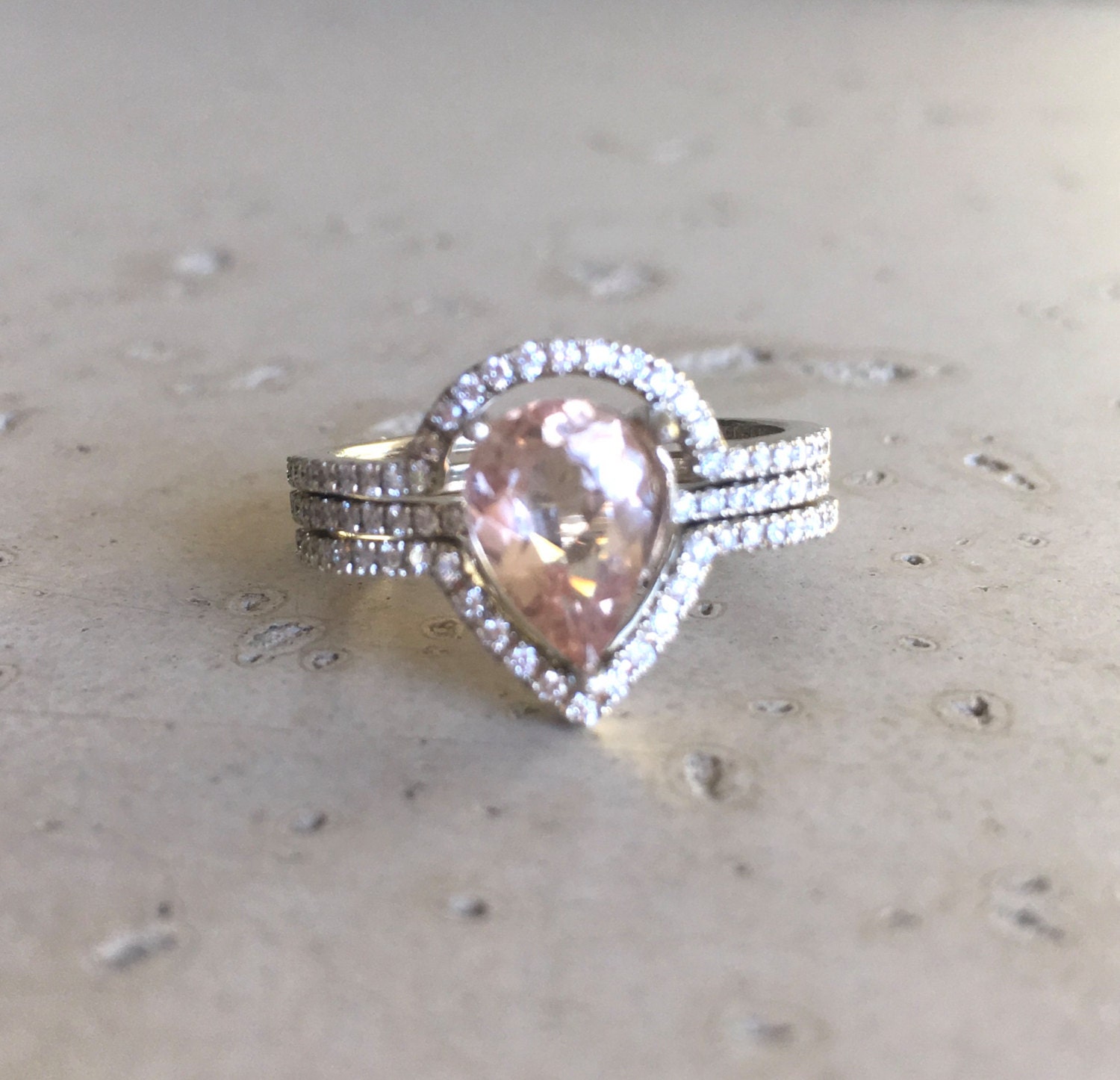 Genuine Teardrop Morganite Engagement Ring Set 1ct Pear Morganite