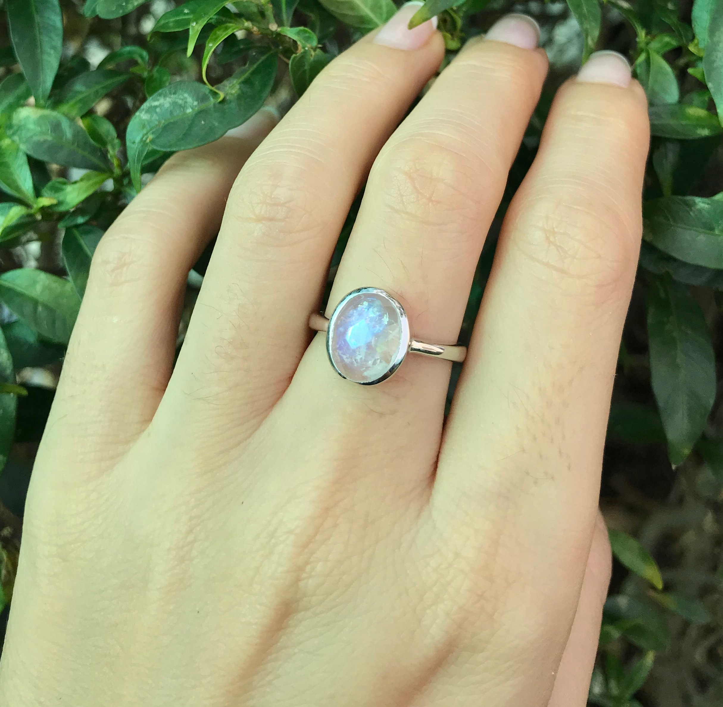 Rose Cut Oval Moonstone Ring- Rainbow Moonstone Silver Ring- Solitaire ...