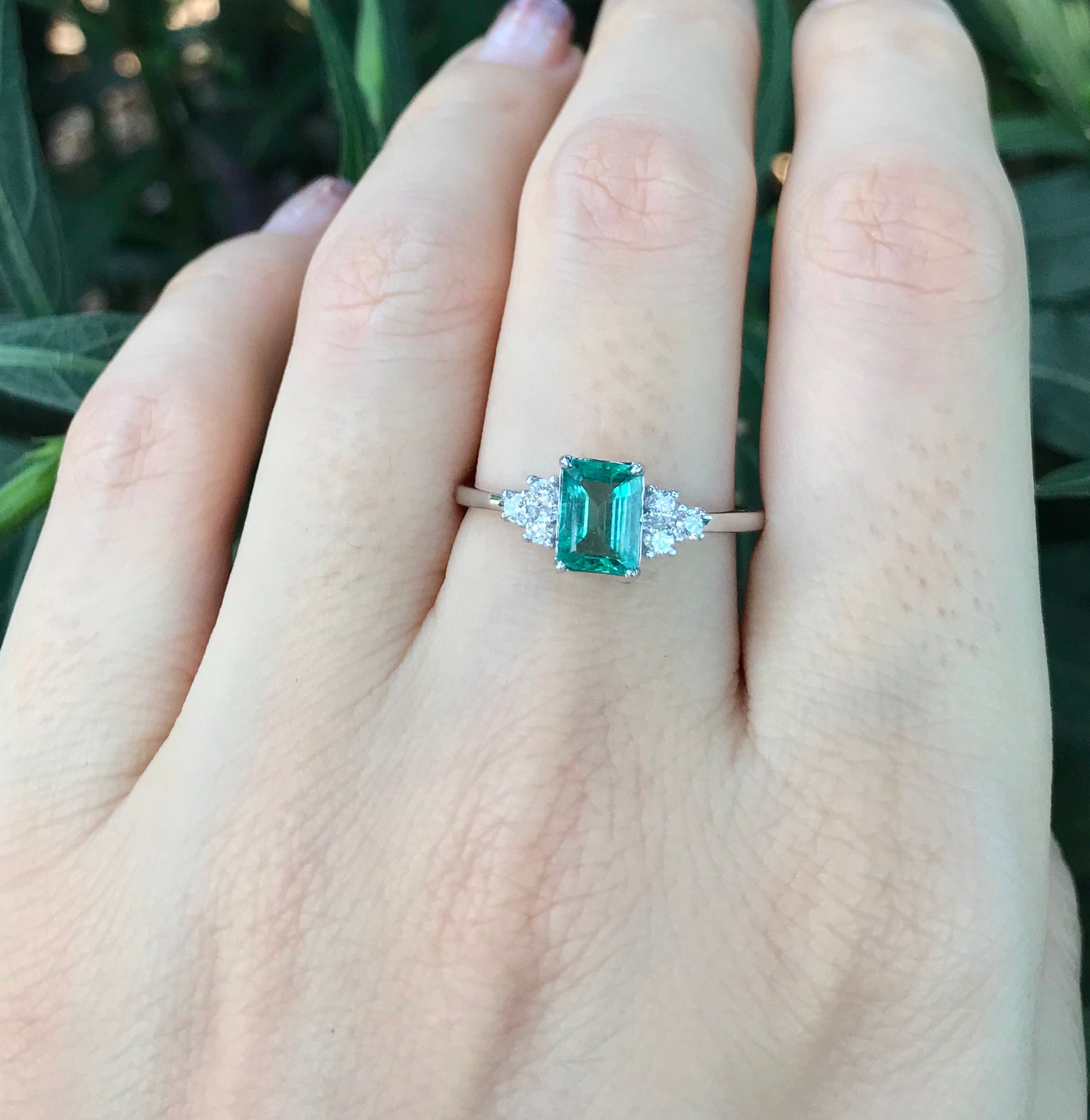 Genuine Emerald Diamond Promise Ring for Her- Emerald Rectangle Deco ...