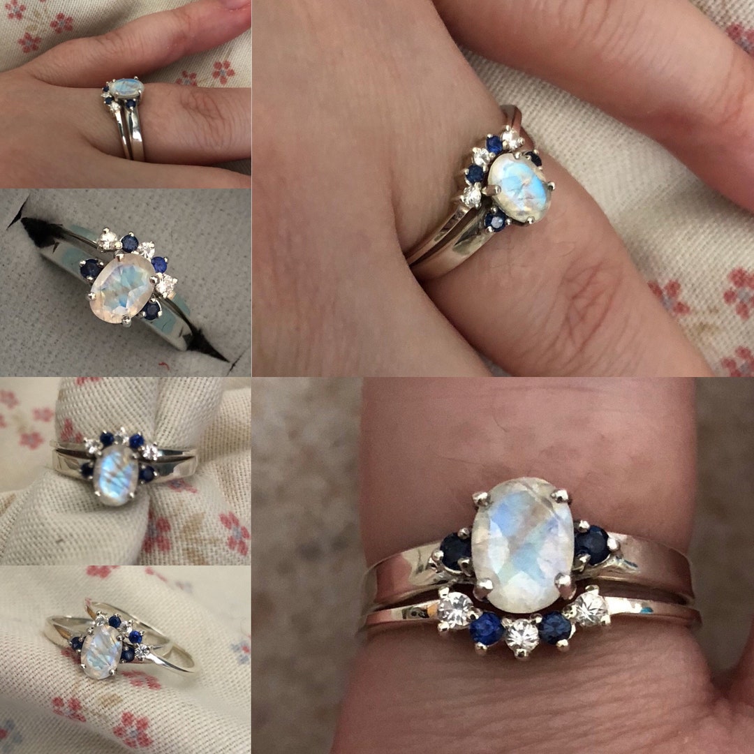 Moonstone Sapphire Engagement Ring Set-oval Rainbow Moonstone Three ...
