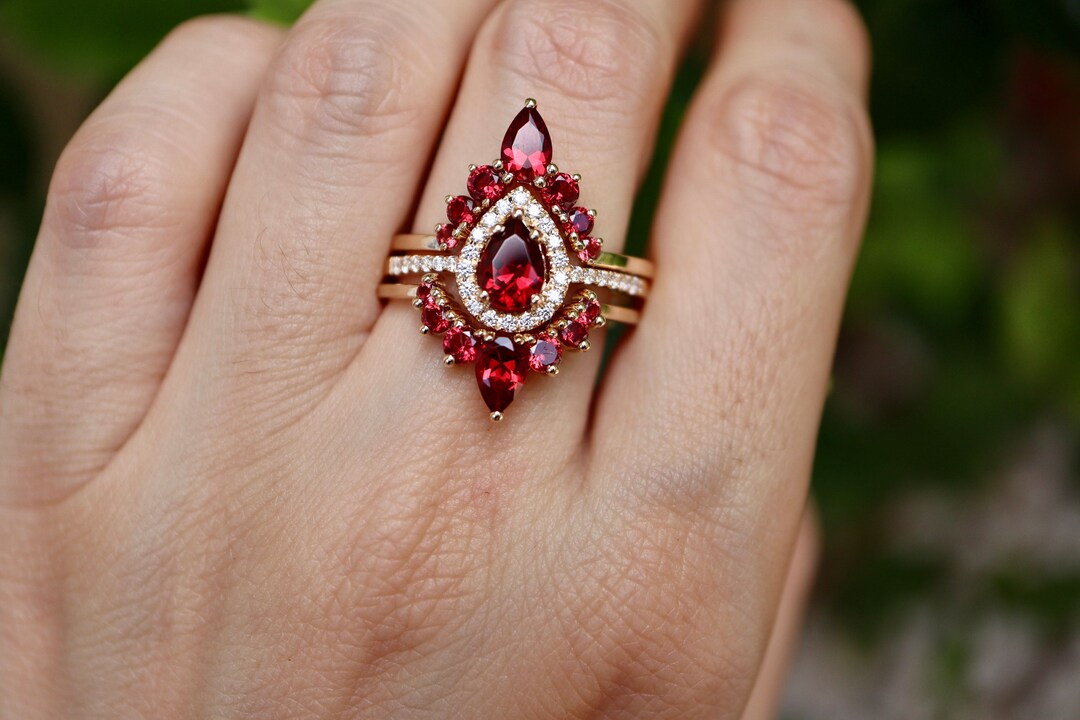 Teardrop Garnet Bridal 3 Sterling Silver Ring Set Pear Red Garnet ...