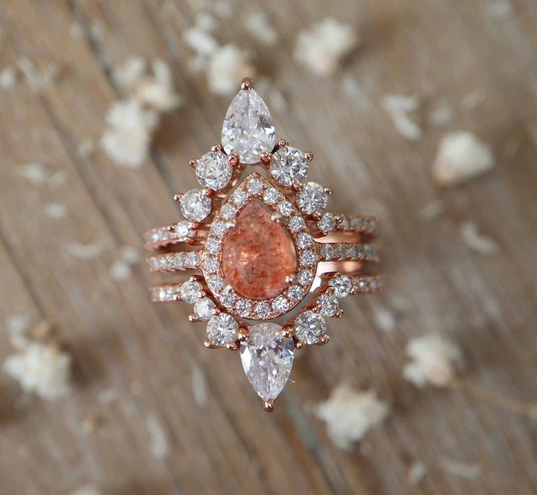 Teardrop Sunstone Halo Bridal 3 Silver Rings- Pear Genuine Sunstone ...