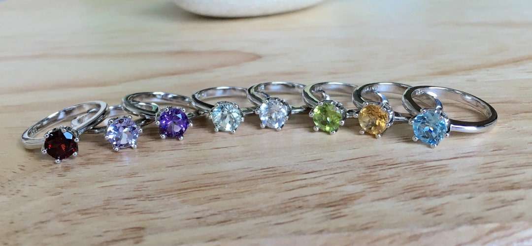 6 Prong Family Birthstone Stack Ring-6mm Round Genuine Natural Real ...