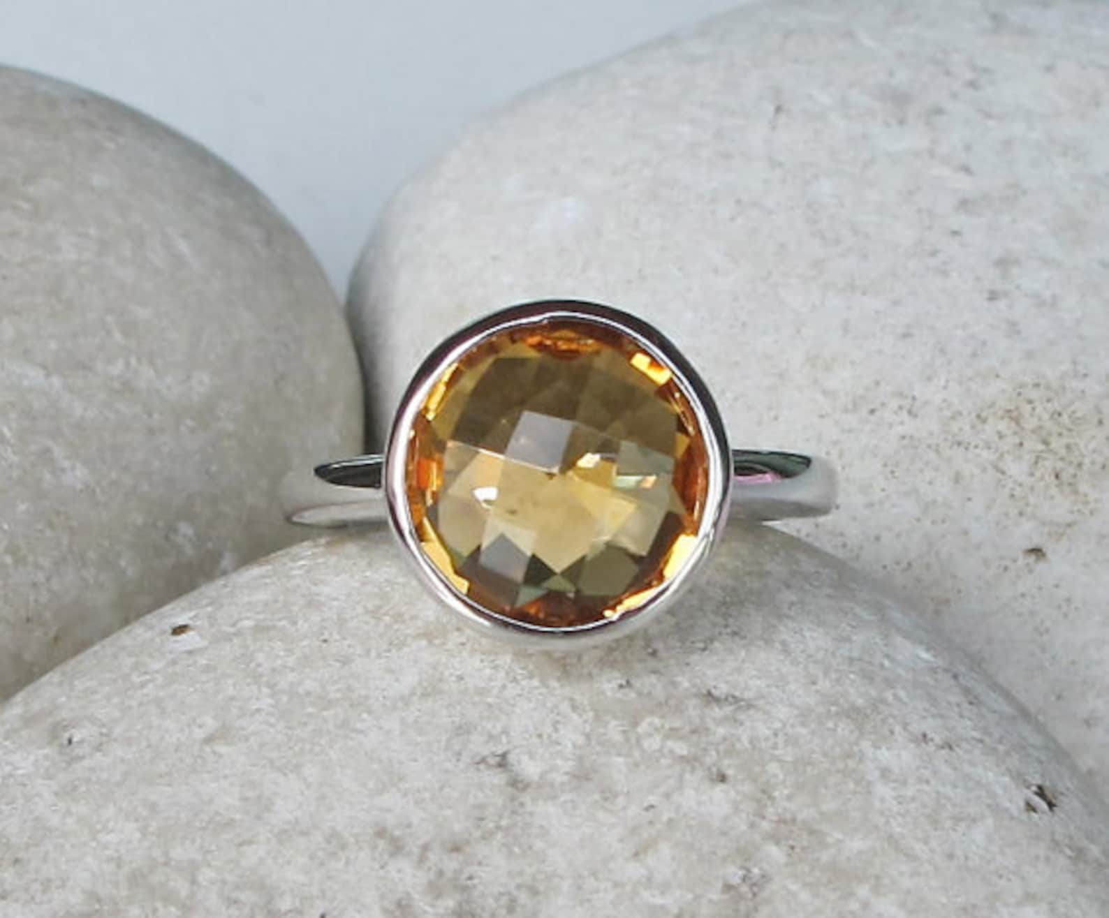 Round Faceted Citrine Ring- November Birthstone Silver Ring- Orange ...