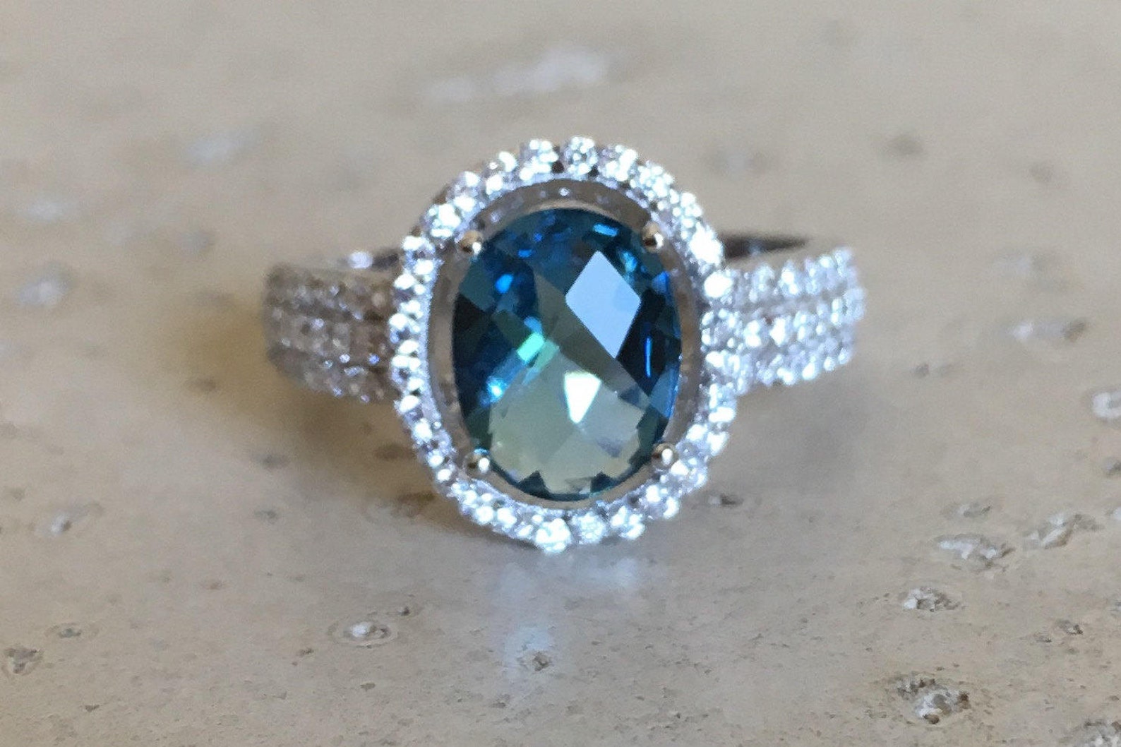 Blue Gemstone Oval Halo Engagement Women Ring- Blue Crystal Promise ...