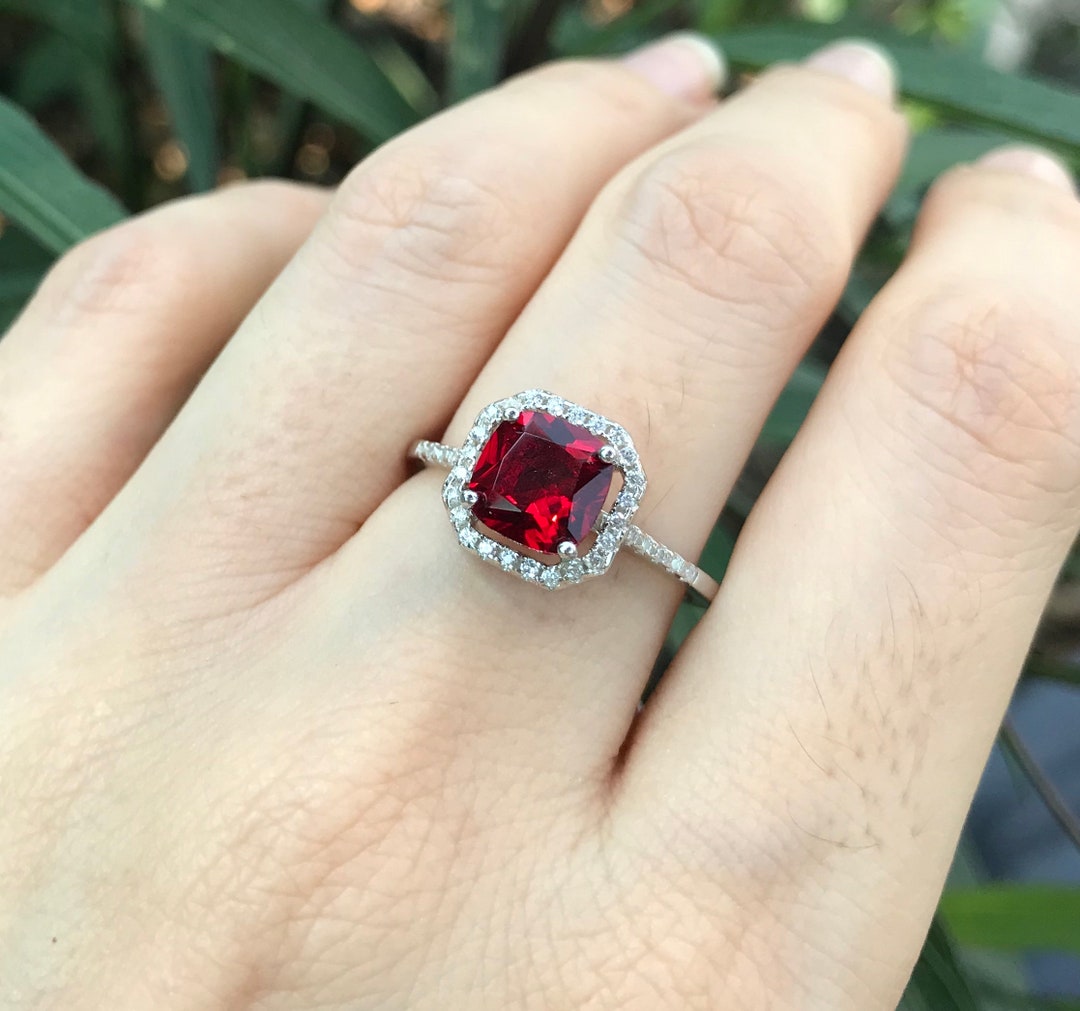 Ruby Princess 1ct Halo Engagement Ring- Square Red Ruby Promise Ring ...