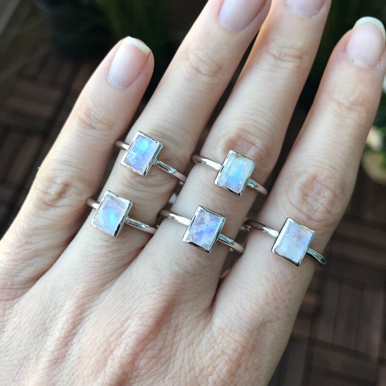 Rectangle Rainbow Moonstone Stack Ring Small Moonstone Silver - Etsy
