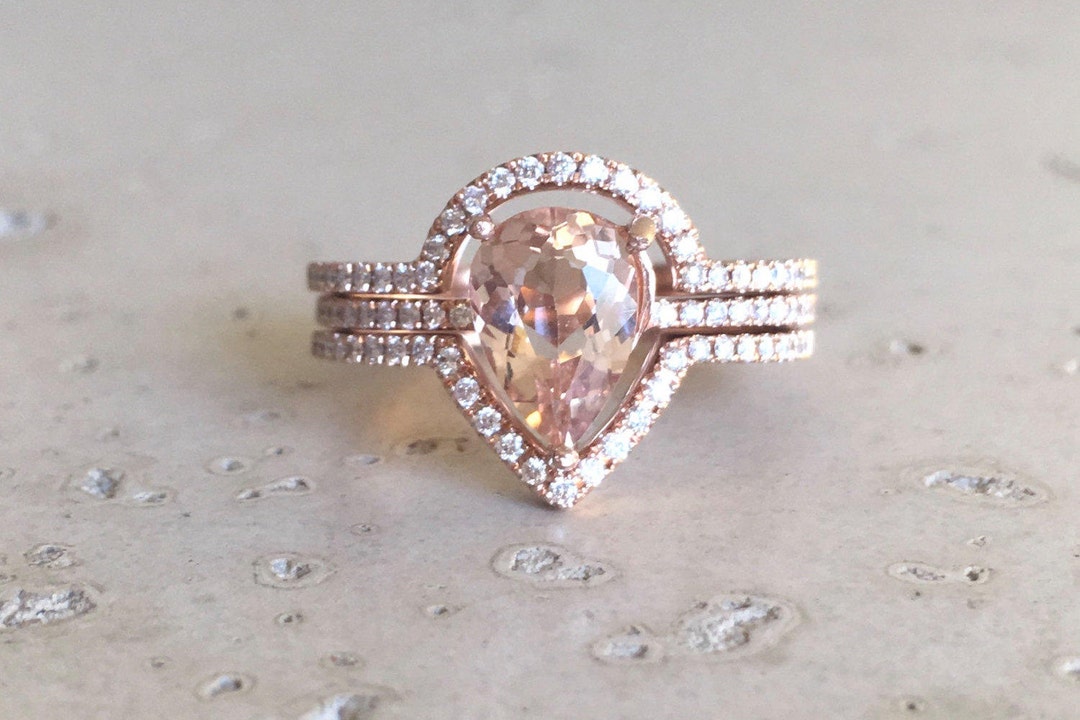 Genuine Teardrop Morganite Engagement Ring Set 1ct Pear Etsy