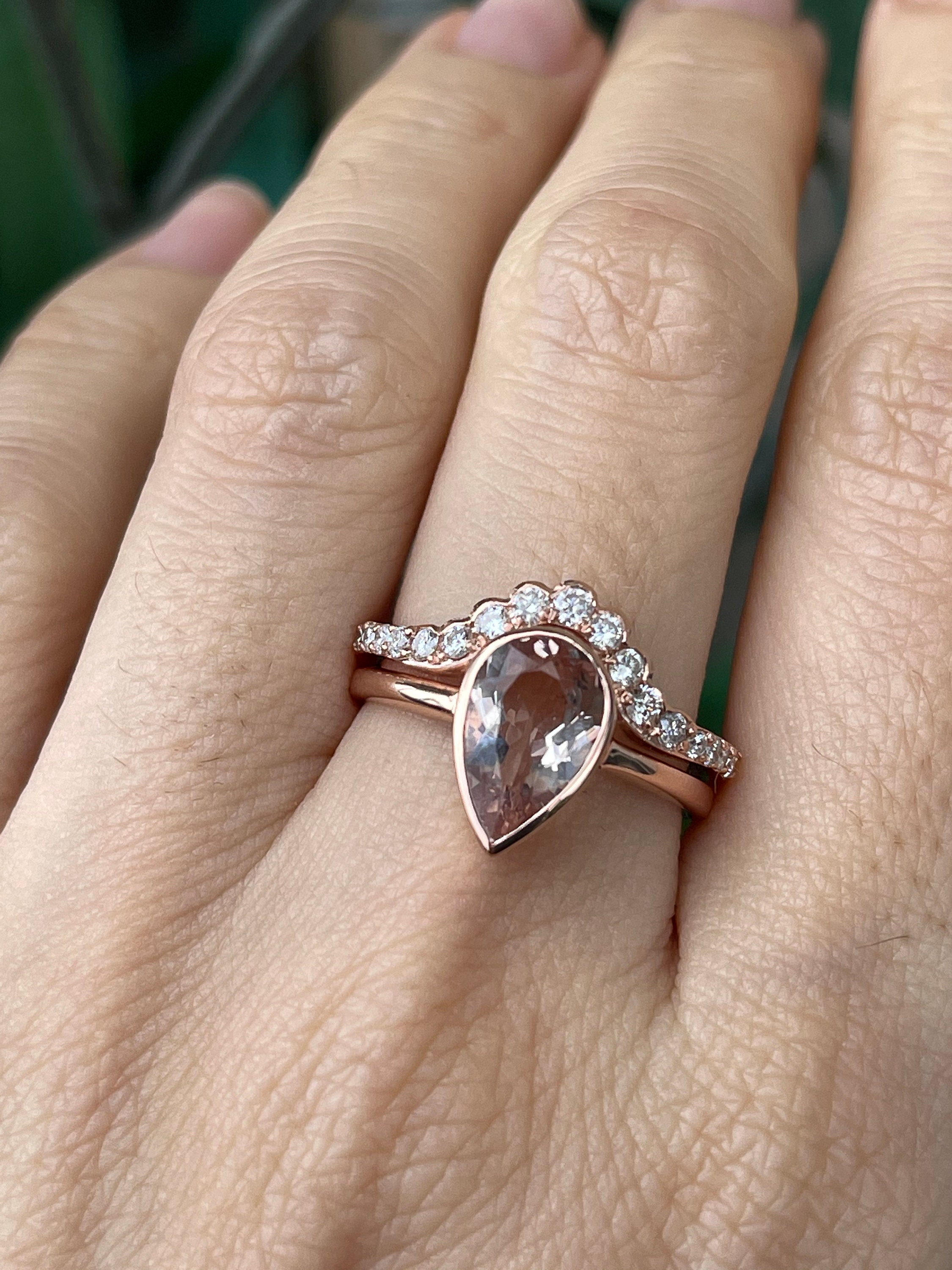 Vintage Genuine Morganite Rose Gold Engagement Ring Set Teardrop