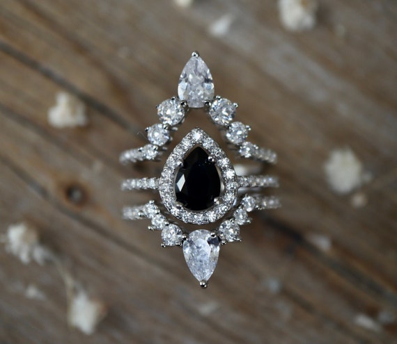 Teardrop Black Onyx Halo Bridal 3 Ring Set Pear Black Engagement Ring Set Black Spinel Ring w 2 Wedding Band