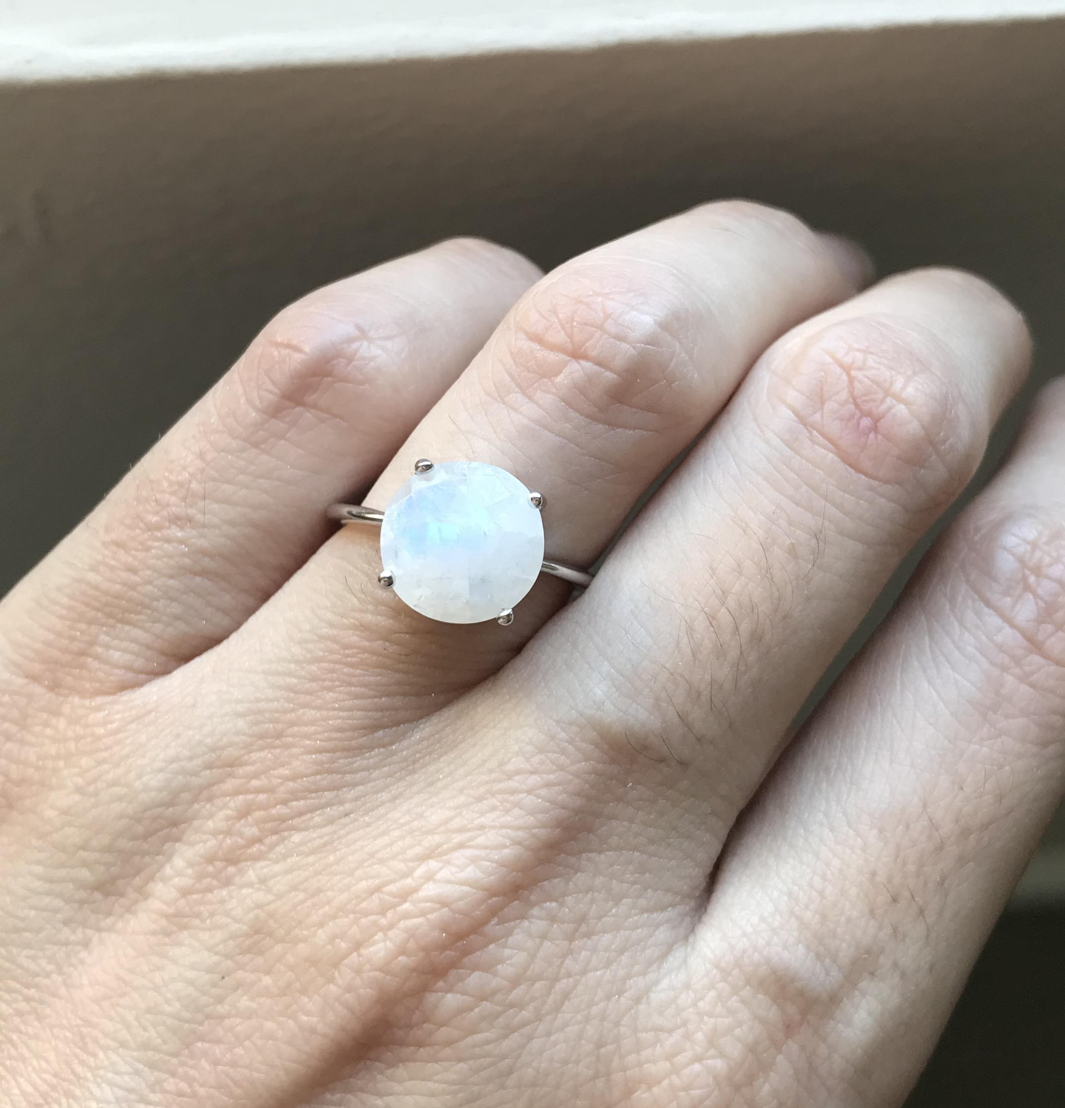 Round Moonstone Solitaire Ring- Faceted Rainbow Moonstone Ring- Simple ...