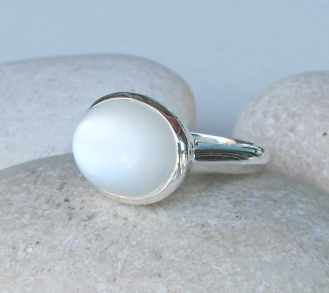 White Moonstone Oval Cabochon Ring- White Iridescent Gemstone Statement ...
