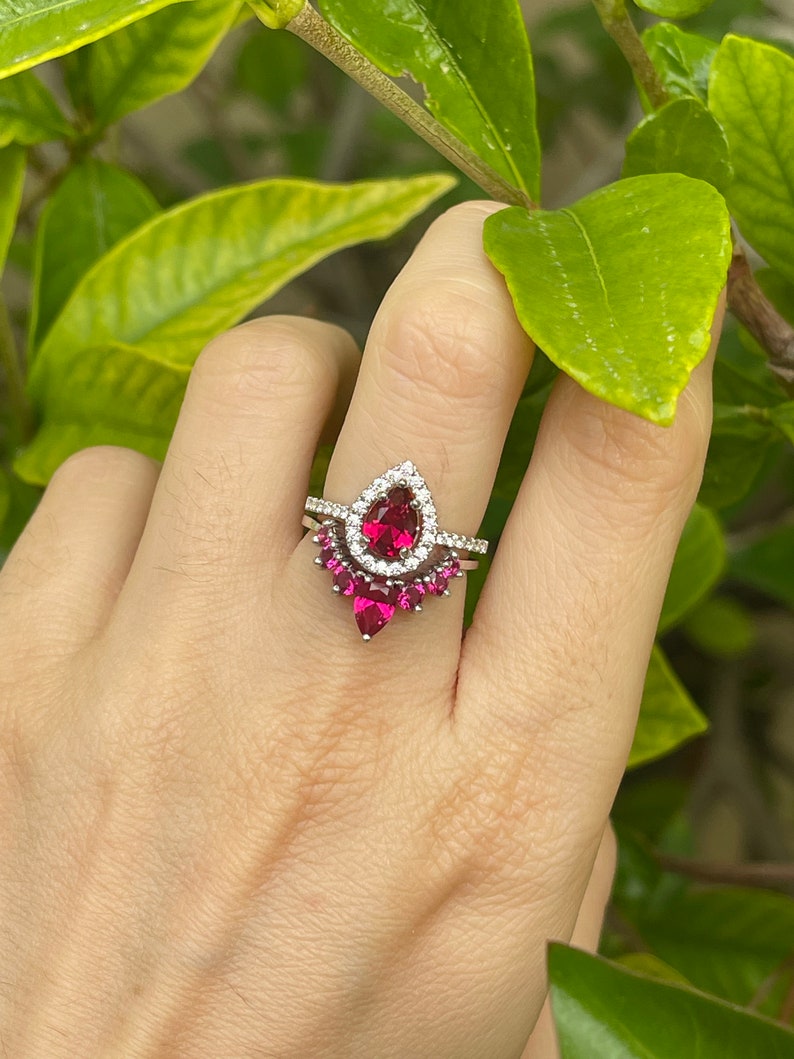 Teardrop Red Ruby 14k Gold Bridal Rings 14k White Gold Pear - Etsy