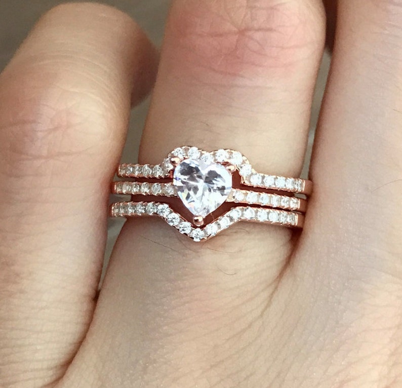 Rose Gold Heart Bridal Ring Set Heart Promise 3 Ring | Etsy