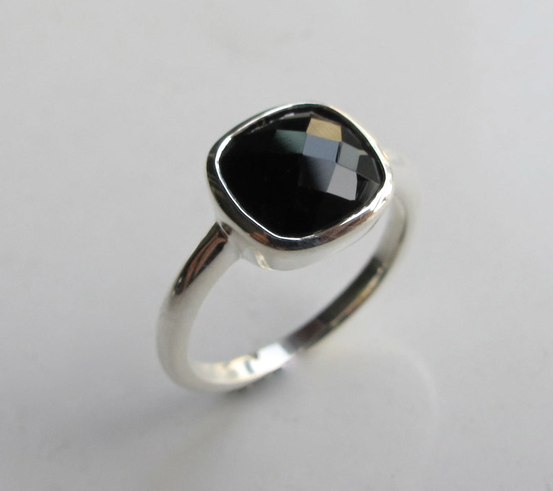 Black Onyx Square Ring- Black Cushion Stack Silver Ring- Faceted Square ...