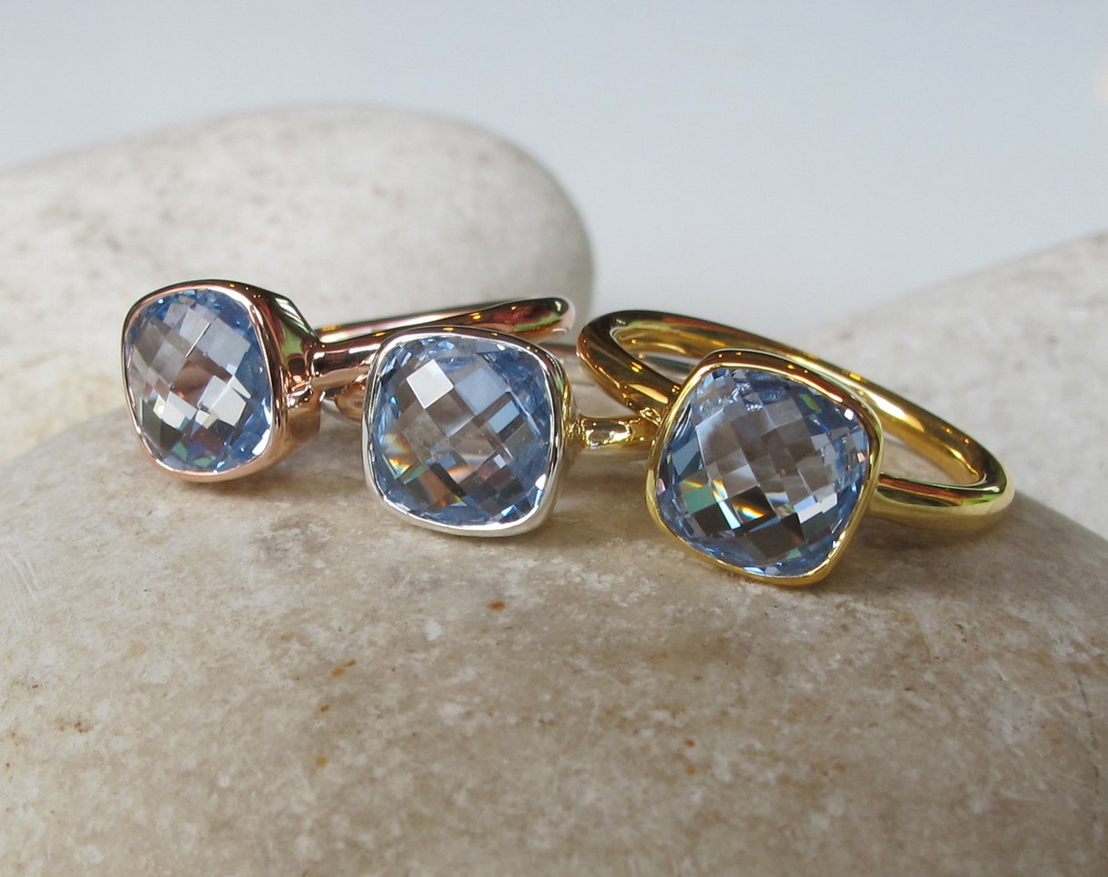 Square Blue Topaz Rose Ring- Stackable Something Blue Gold Ring ...
